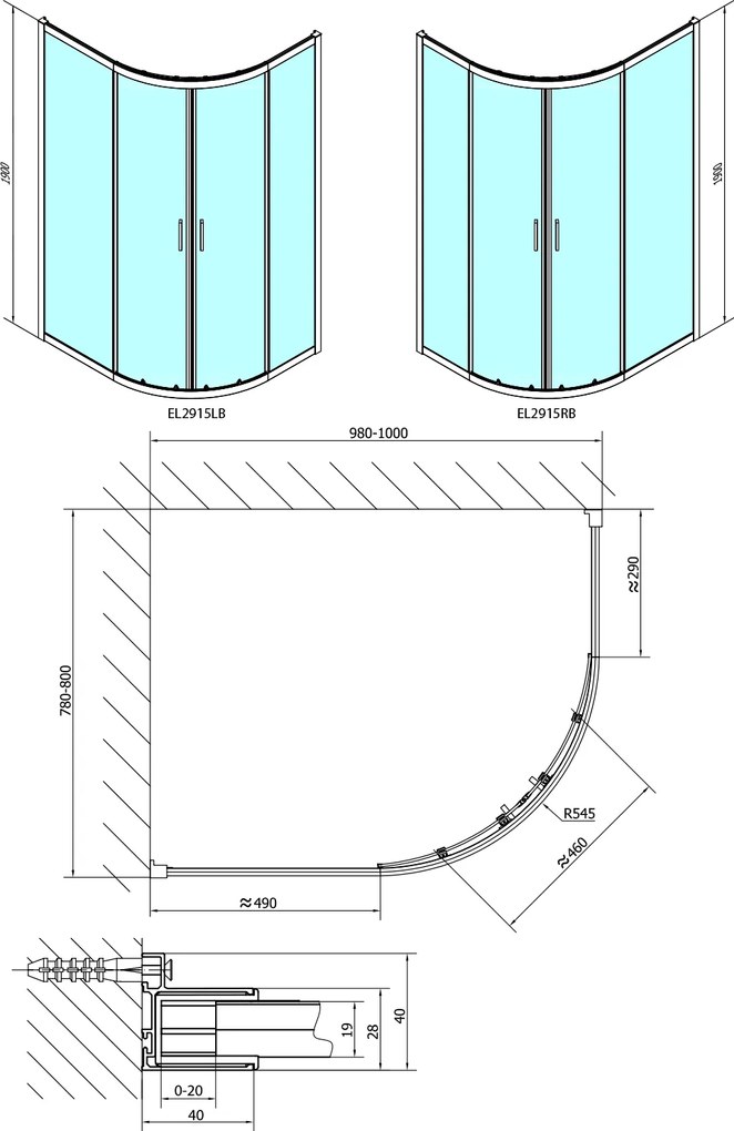 Polysan EASY BLACK čtvrtkruhový sprchový kout 100 x 80 x 190 cm L/R, čiré sklo EL2915B