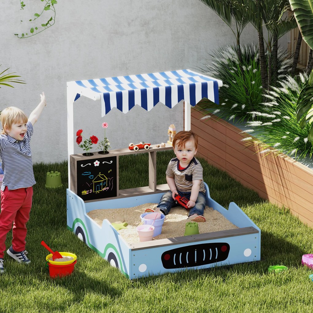 AIYAPLAY Pískoviště se stříškou, design obchodu, lavice, kreslicí deska, jedlové dřevo, 104H x 108L x 90W cm, modrá barva