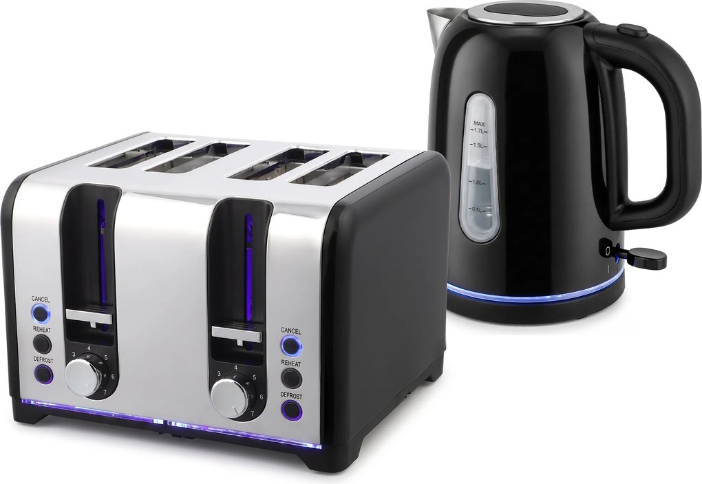 HOMCOM konvice a toastovač set s rychlovarnou konvicí 1,7 l a 7 stupni opečení pro snídaňový set v černé