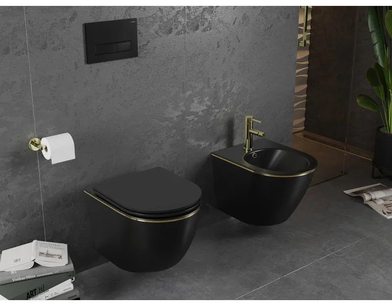 Mexen Lena, závěsný bidet 480x370x325 mm, černá matná - zlatý okraj, 35224875