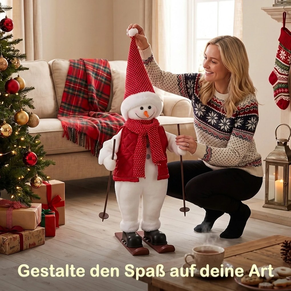 HOMCOM Zpívající lyžařský Santa Claus, 65 cm, animovaná vánoční postava se lyžemi, holemi a aktivací zvukem / dotykem