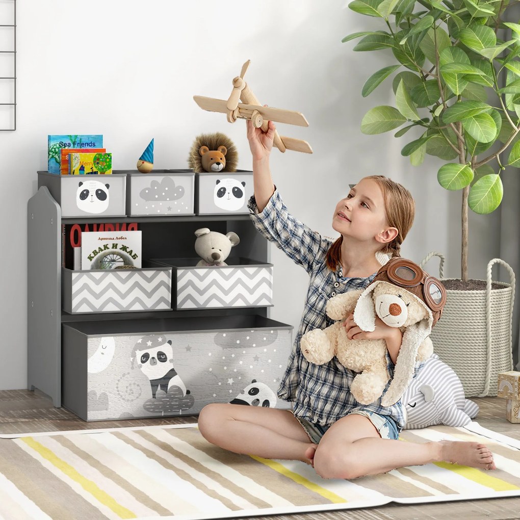 Dětská police ZONEKIZ s 6 odnímatelnými boxy z netkané textilie pro organizaci hraček pro děti ve věku 3-8 let, rozměry 63x30x66 cm, šedá a bílá