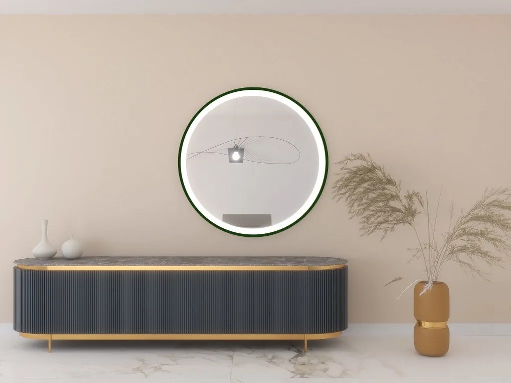 In-Design Zrcadlo RoundLine premium - zelený matný rám, s LED osvětlením Vypínač: S vypínačem, Průměr zrcadla (mm): 1000