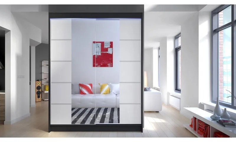 Posuvná skříň Belgia V, Barva: černý + bílá + zrcadlo, Osvětlení: osvětlení LED RGB - barevné