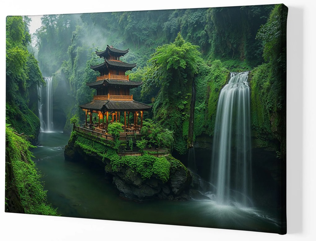 Obraz na plátně - Jošidův chrám mezi vodopády FeelHappy.cz Velikost obrazu: 180 x 120 cm