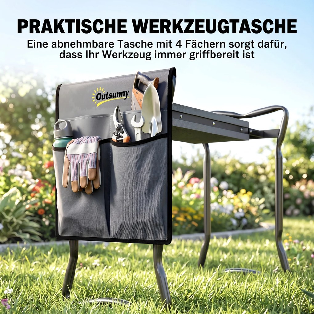 Outsunny Kladívková lavice na zahradní práce, skládací zahradní stolička s polštářem na kolena, kapsami na nářadí, do 150 kg, 58 x 28 x 49 cm, šedá