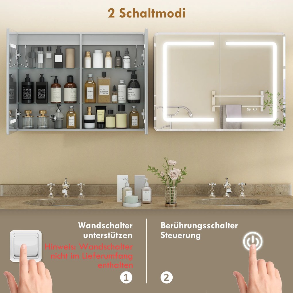 HOMCOM Zrcadlová skříňka do koupelny s LED osvětlením, 60 x 80 cm koupelnová skříňka s protimlžnou, 3-cestnou stmívatelnou