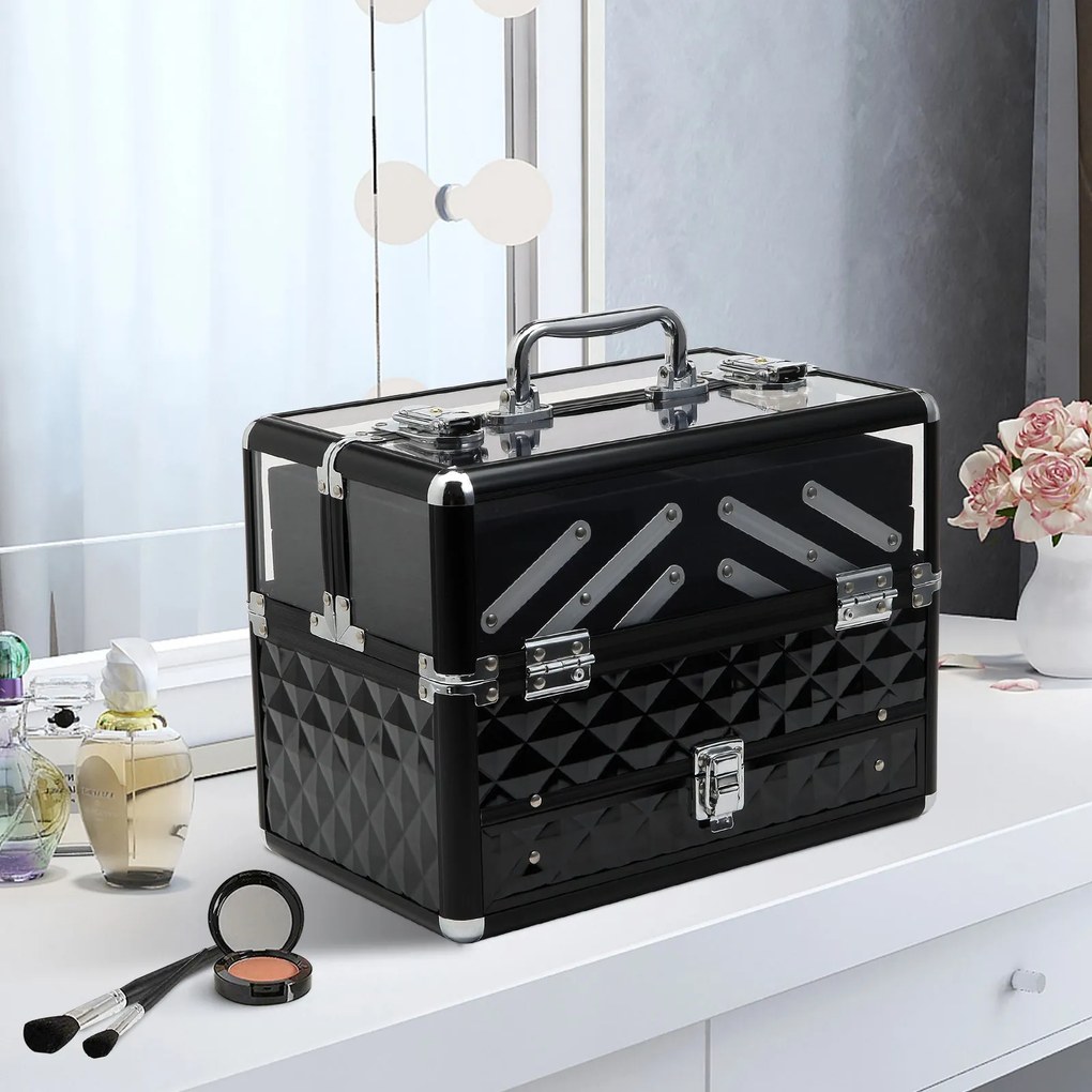 HOMCOM Organizér na make-up a šperky, přenosný, víceúrovňový s rukojetí a skládacími přihrádkami, hliníková slitina, 30x18,5x22 cm, průhledný a černý