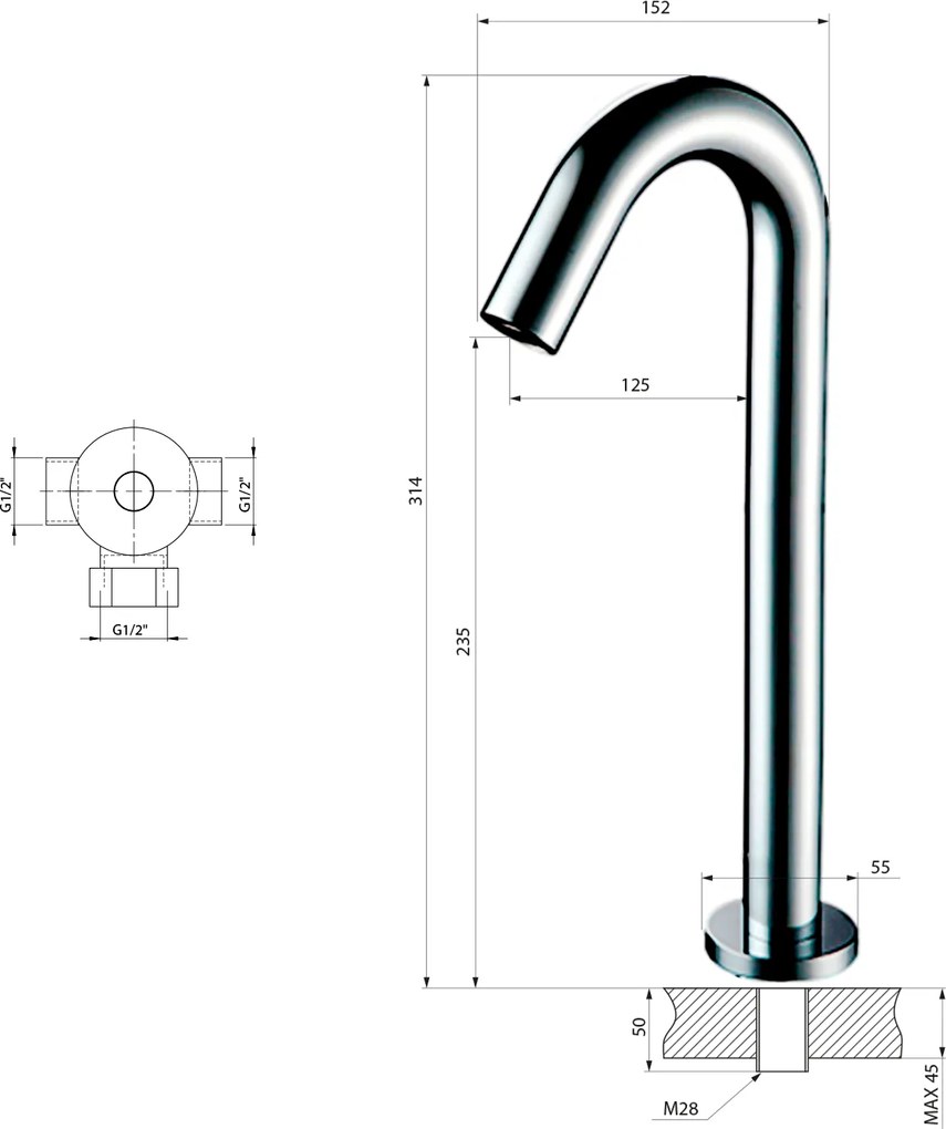Sapho senzorová stojánková baterie 6V DC (4xAA) vysoká chrom PS342XL