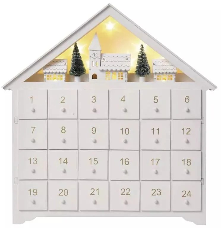 LED dřevěný adventní kalendář dům, 35x33cm