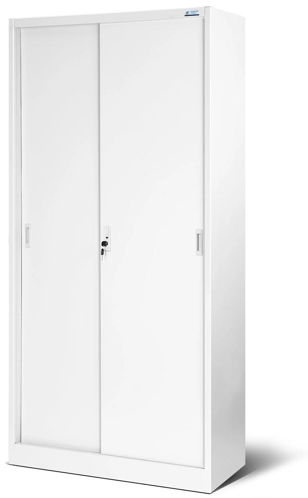 Plechová skříň s posuvnými dveřmi a policemi KUBA, 900 x 1850 x 400 mm, bílá