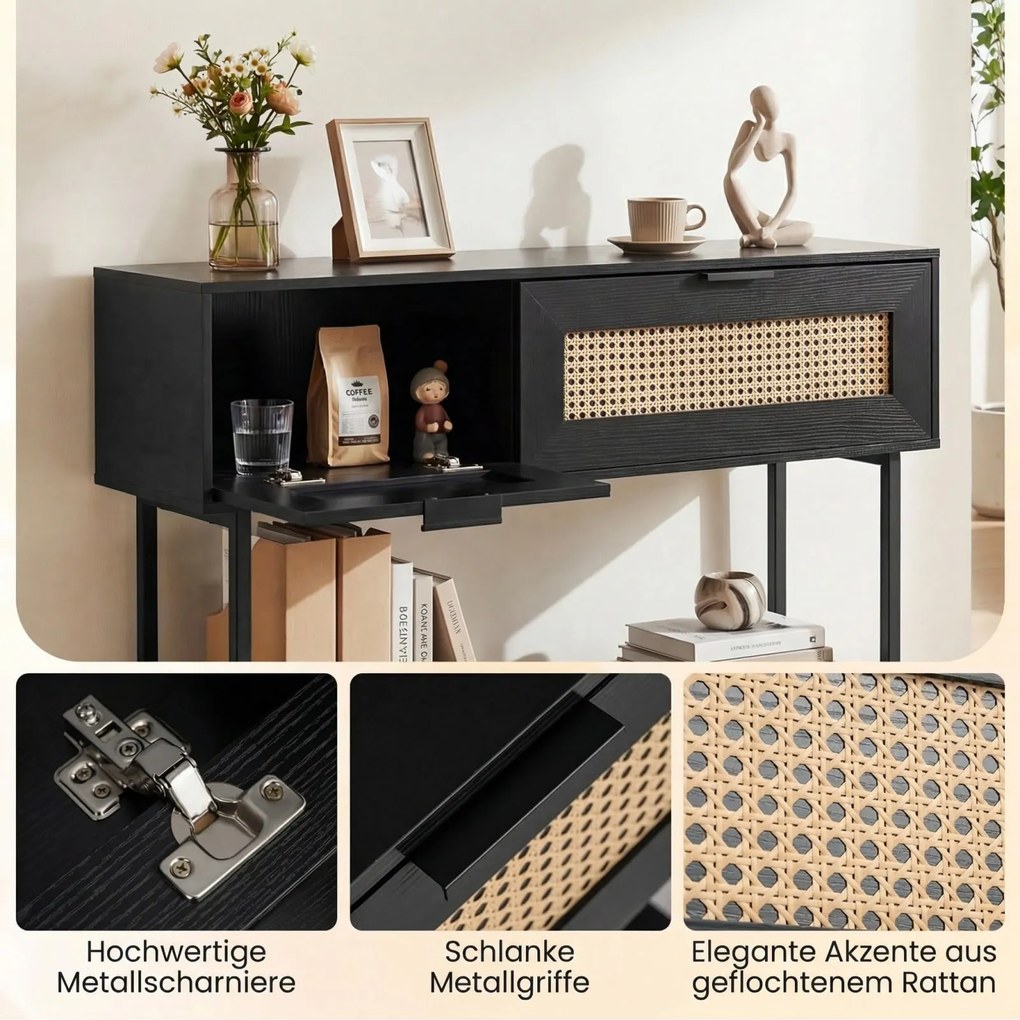 Costway Boho console table with 2 compartments a open shelf. Narrow hallway