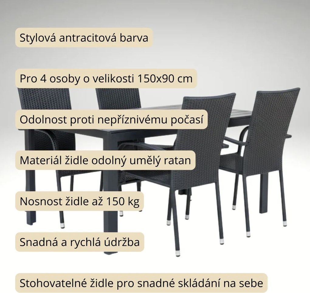 Vikio Zahradní ratanová sestava pro 4 osoby DT255 antracit