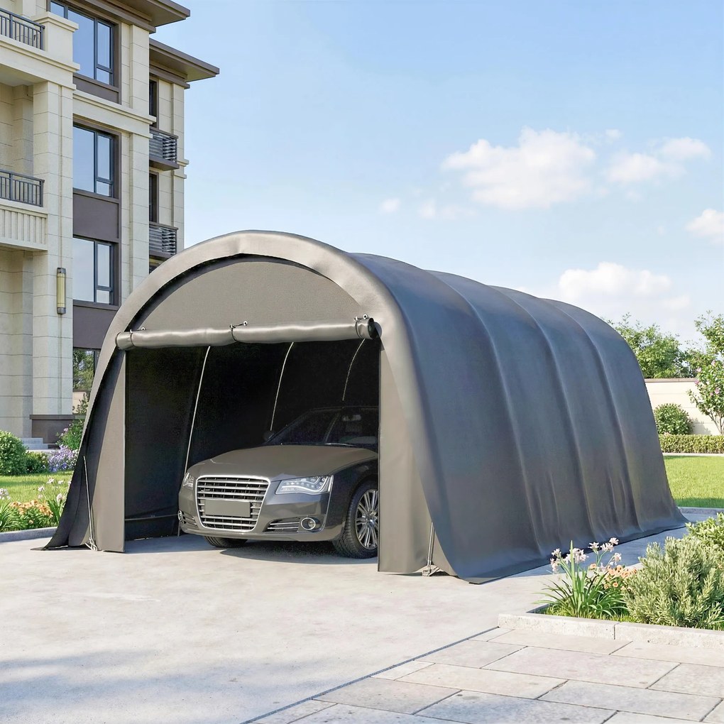 Outsunny přístřešek na auto 3 × 6 m – voděodolný úložný stan s odnímatelnými bočnicemi, velkými rolovacími dveřmi na zip, zakřivenou střechou, UPF50+…