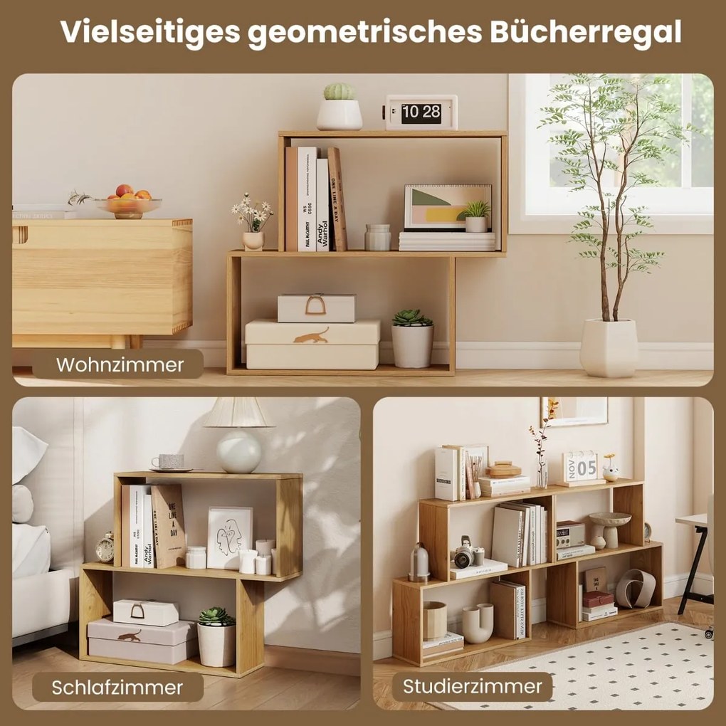 Costway 3 Tier Geometric Knihovna Volně stojící dřevěná police s 2 Přihrádky