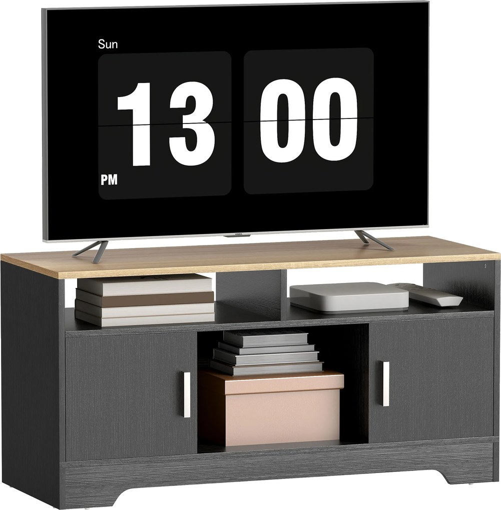 HOMCOM TV stolek ze dřeva s 2 nikami, 2 skříňkami s dvířky, 1 otevřenou skříňkou, 105 x 40 x 52 cm, černý dekor dřeva