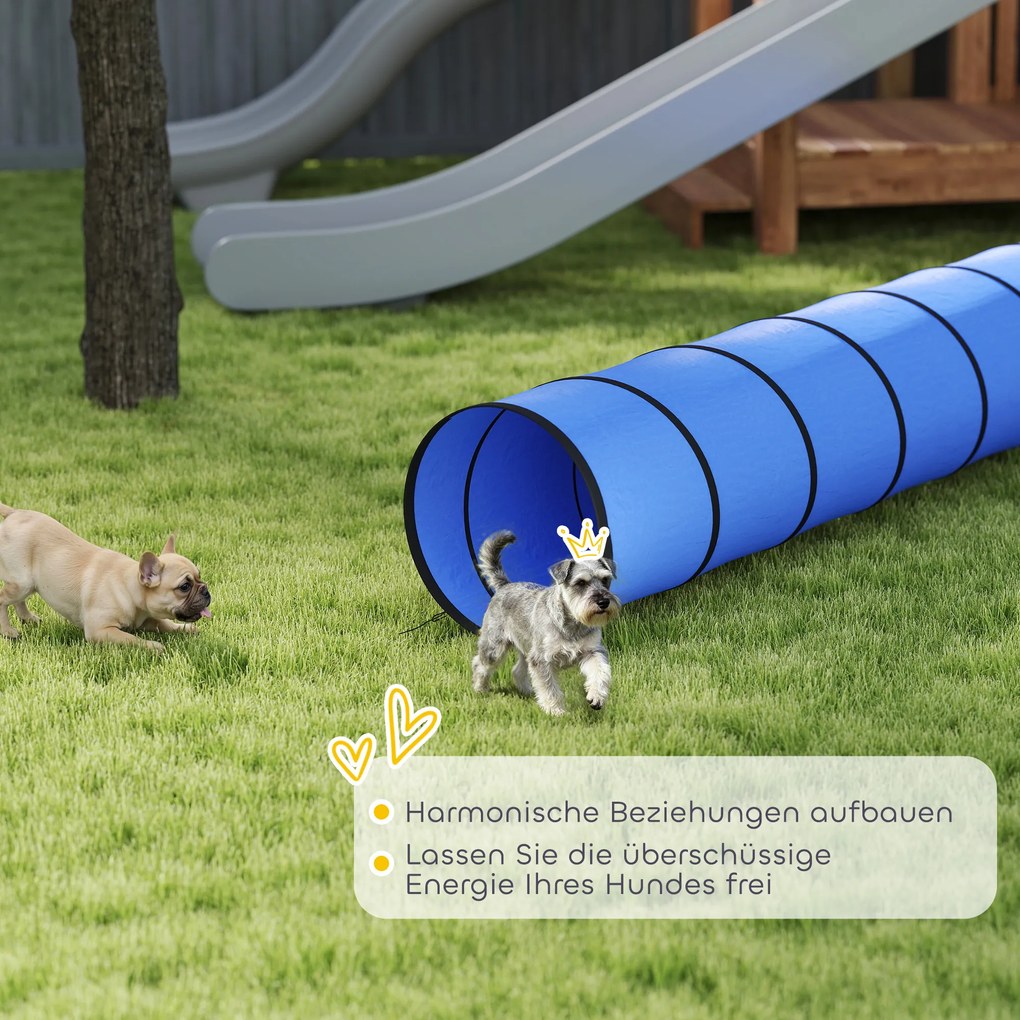 PawHut Psí agility tunel 300 x 50 cm Psí tunel se 4 kotvami do země Přenosná taška Hrací tunel pro malé středně velké psy Modrá barva