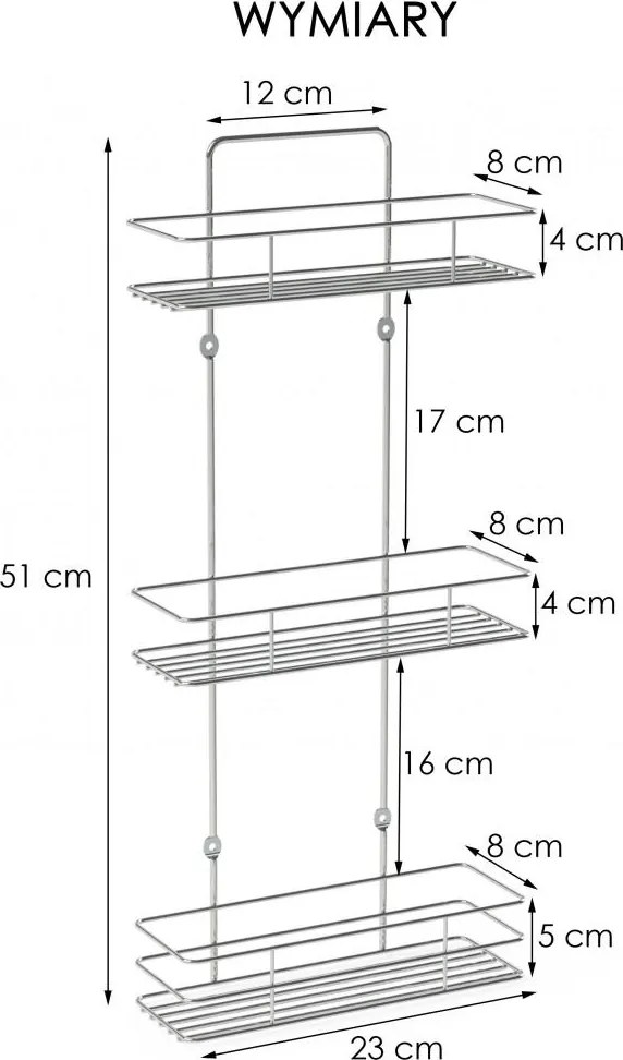 Erga Miko S3, tříúrovňová police 23x8x51 cm, chromová, ERG-YKA-E.MIKO S3