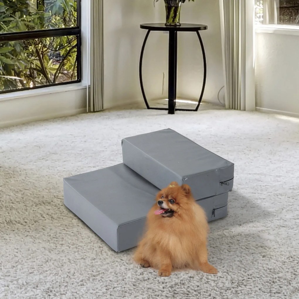 PawHut pet schody skládací dvoustupňová podložka pro psy a kočky šedá L45xW39xH20 cm ideální pro malá zvířata