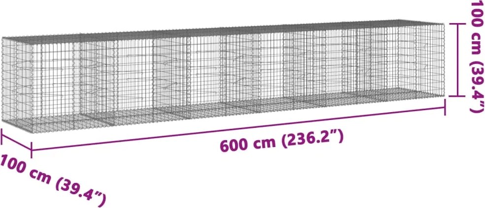 Gabionový koš s víkem 600 x 100 x 100 cm pozinkované železo 3295200