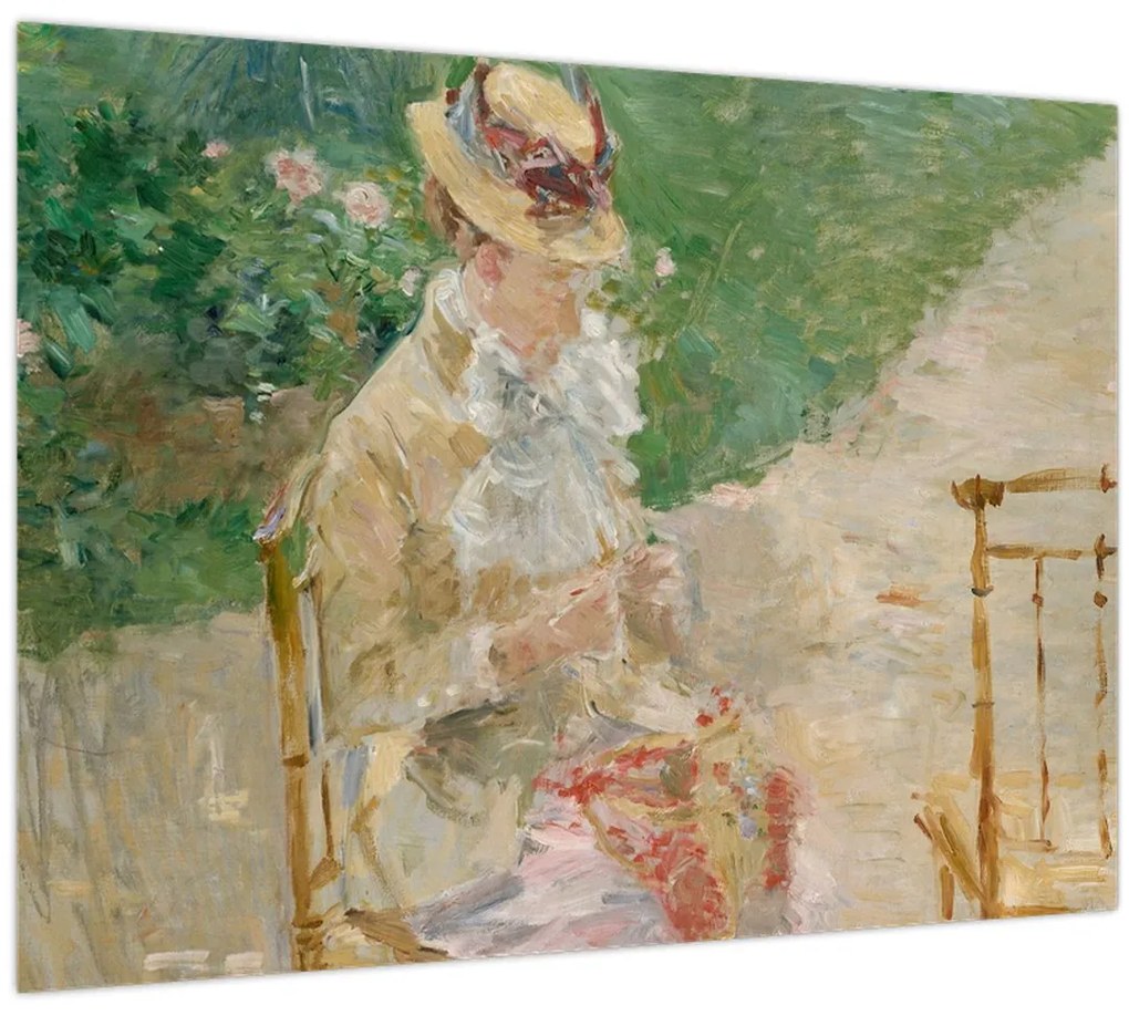 Skleněný obraz - Berthe Morisot, Young Woman Knitting, reprodukce (70x50 cm)