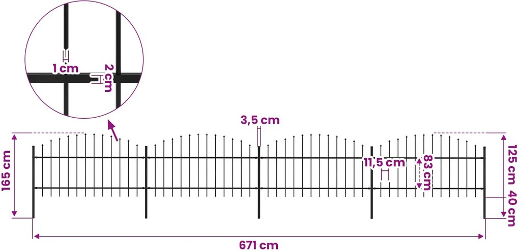 Zahradní plot s kopím nahoře ocelový 671 x 125 cm černý 277724