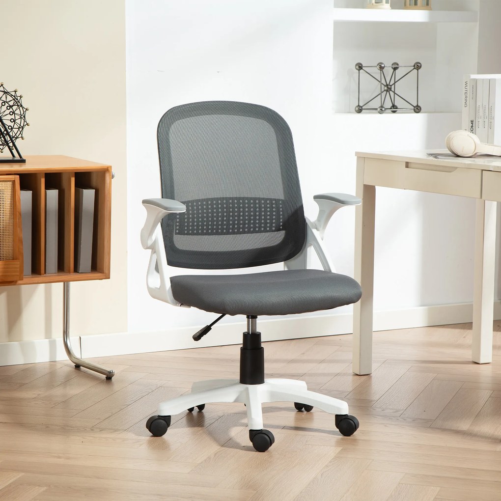 HOMCOM ergonomická síťovaná kancelářská židle se sklápěcími područkami, bederní oporou, výškově nastavitelná otočná židle s náklonem, šedá
