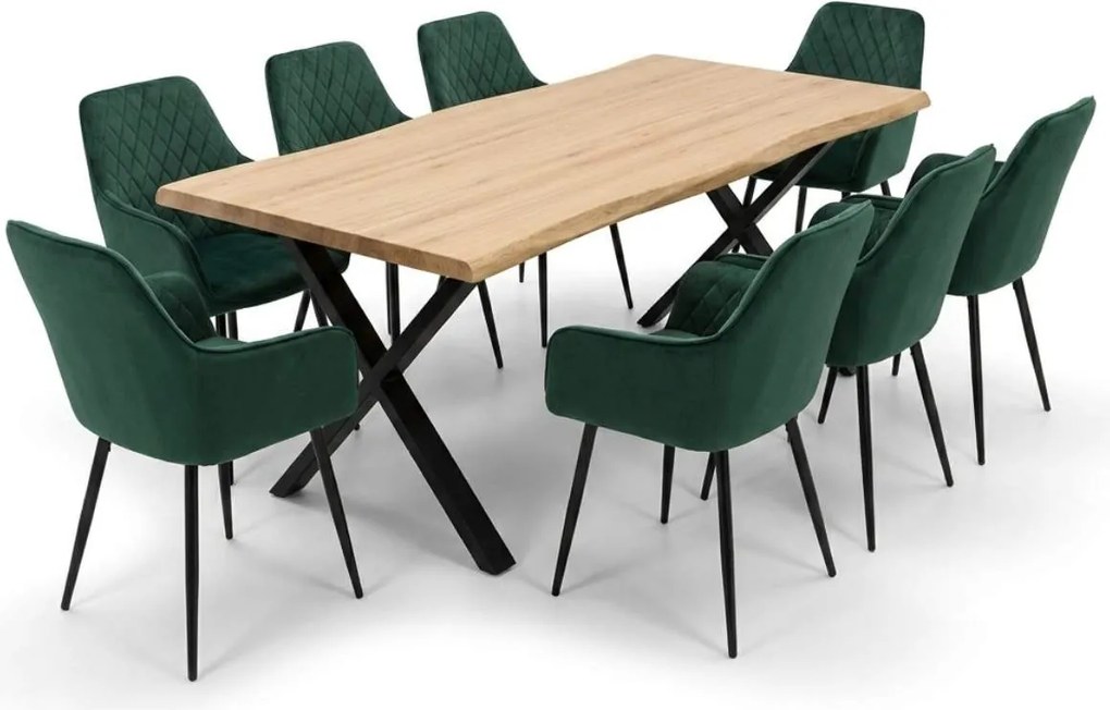 Vikio Jídelní set pro 8 osob 180x90 cm soft dub noha X zelená židle s područkami VJS228-8Z