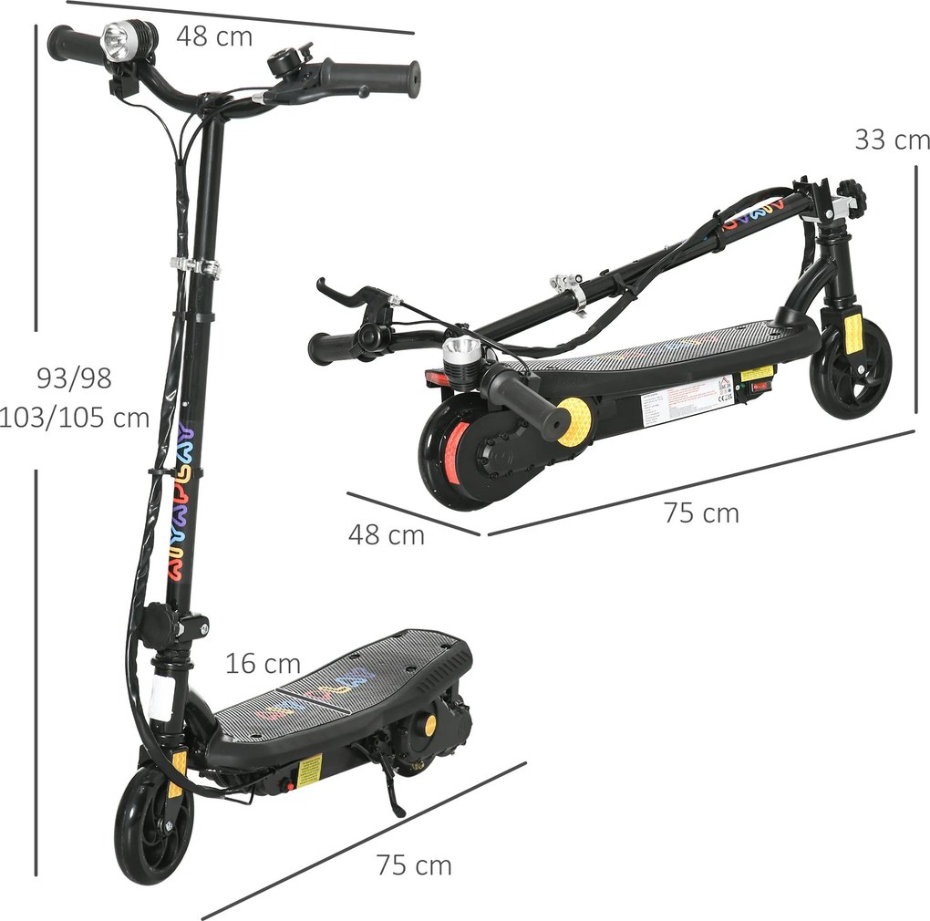 HOMCOM 120W Skládací elektrická koloběžka pro děti 7-14 let, max. rychlost 12 km/h, dojezd 10 km, černá