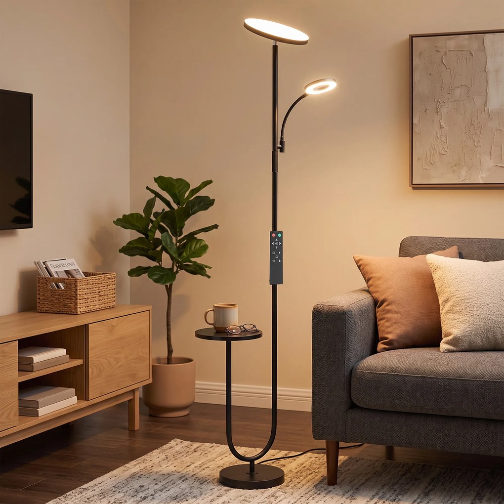 HOMCOM LED stropní reflektor s odkládacím stolkem a čtecí lampou, stmívatelná stojací lampa s dálkovým ovládáním, 4 barevné teploty