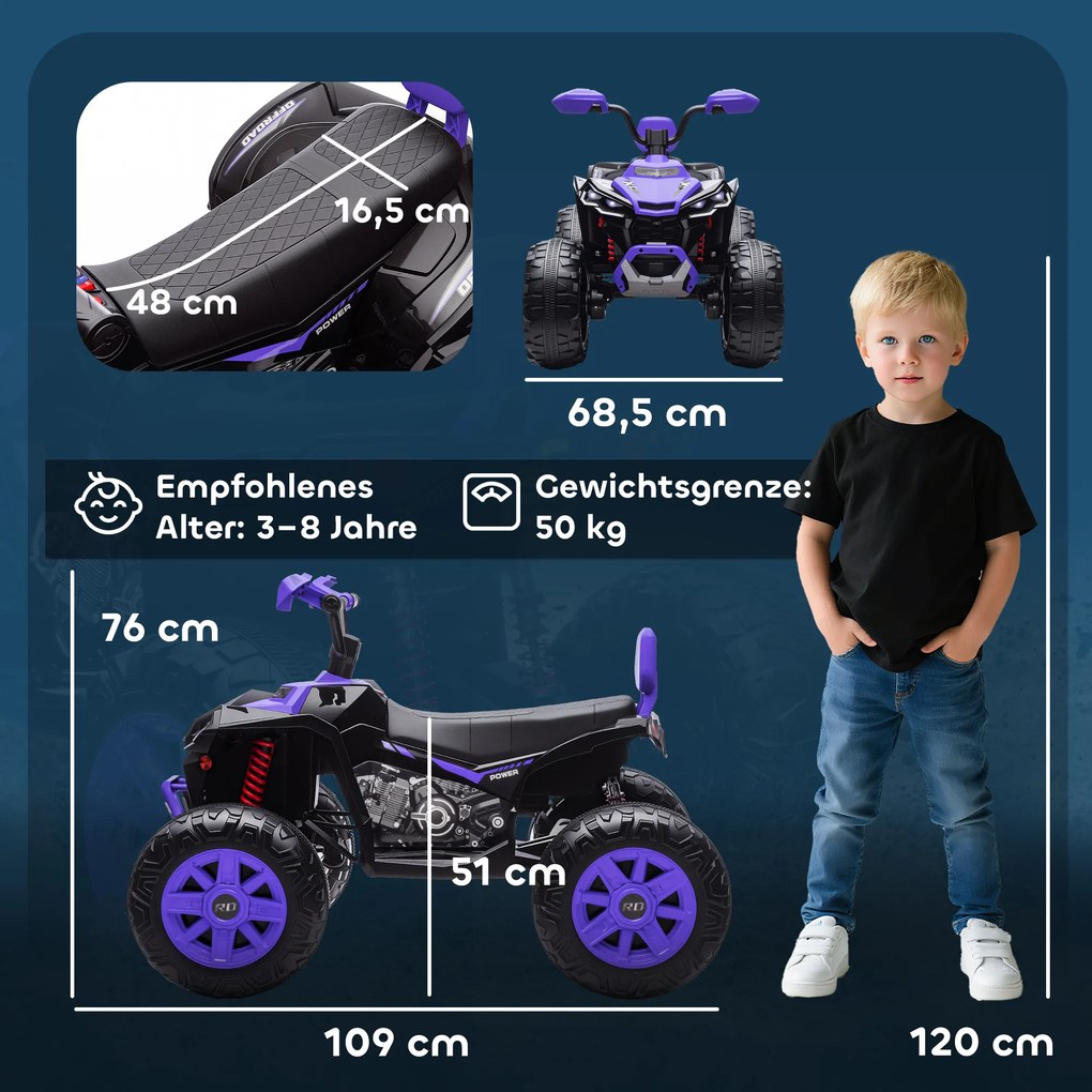 AIYAPLAY Dětský elektro quad, 24V elektrické vozidlo se 4 koly, světlomet, USB port, MP3 funkce, 6,5 km/h, 3-8 let 370-412V90VT