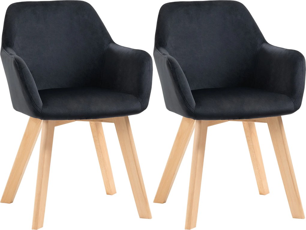 HOMCOM Sada 2 ergonomických kuchyňských židlí s prodlouženými područkami a opěradlem, nosnost do 120 kg, polyester a dřevo, černá 54x57x80 cm