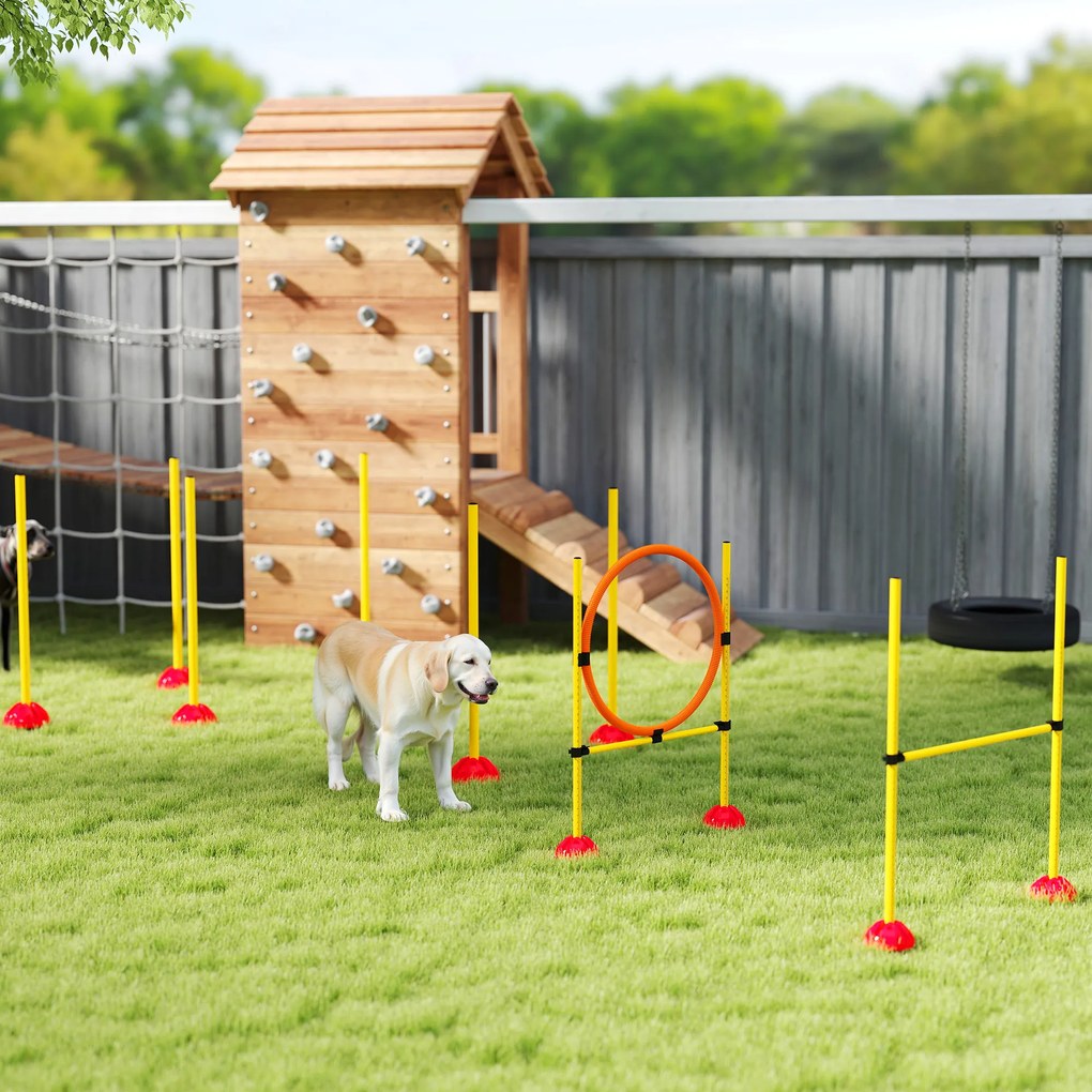 PawHut Agility Set pro psy - 3dílná výbava na agility pro výcvik psů, skokové překážky s nastavitelnými slalomovými tyčemi a kruhy pro koordinaci