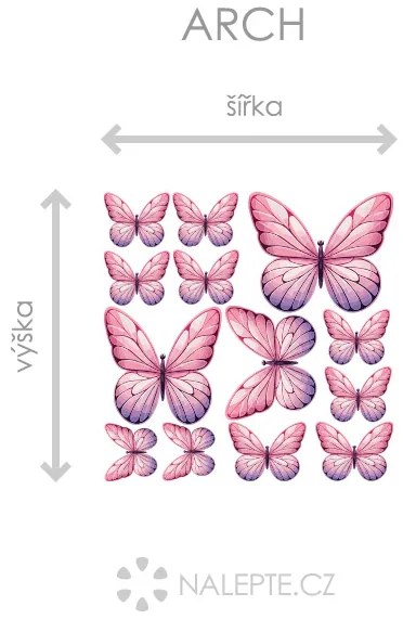 Motýli světle růžoví 13 ks textilní přelepitelné samolepky na zeď arch 30 x 30 cm
