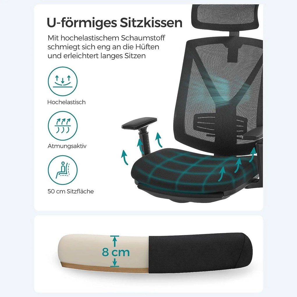 Ergonomická kancelářská židle s podnožkou, maximální nosnost 150 kg, černá