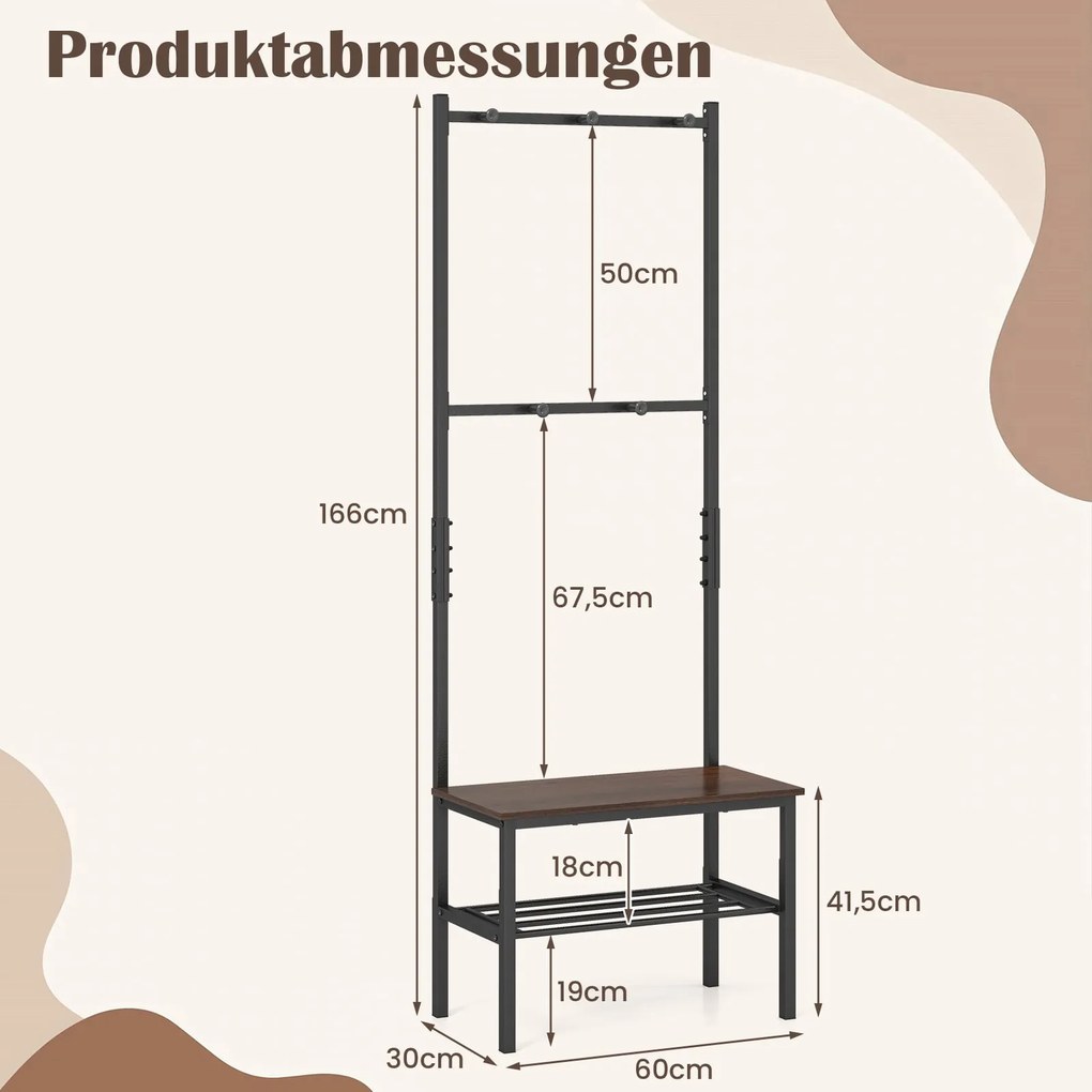 Costway 3-in-1 věšák s háčky, botník a police rustikálně – 60 × 30 × 166 cm