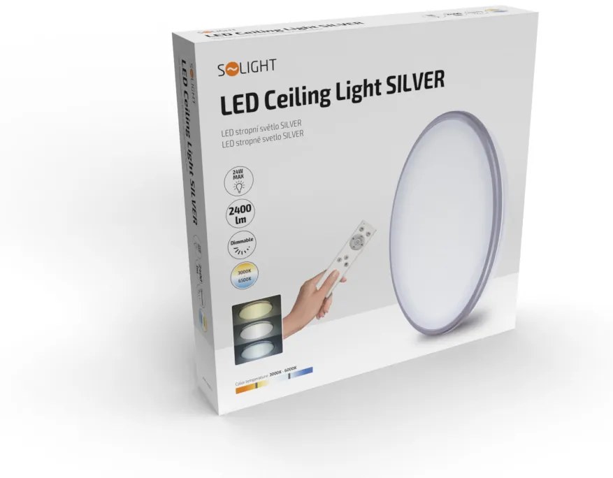 Solight LED stropní světlo Silver, kulaté, 24W, 1800lm, stmívatelné, dálkové ovládání, 38cm