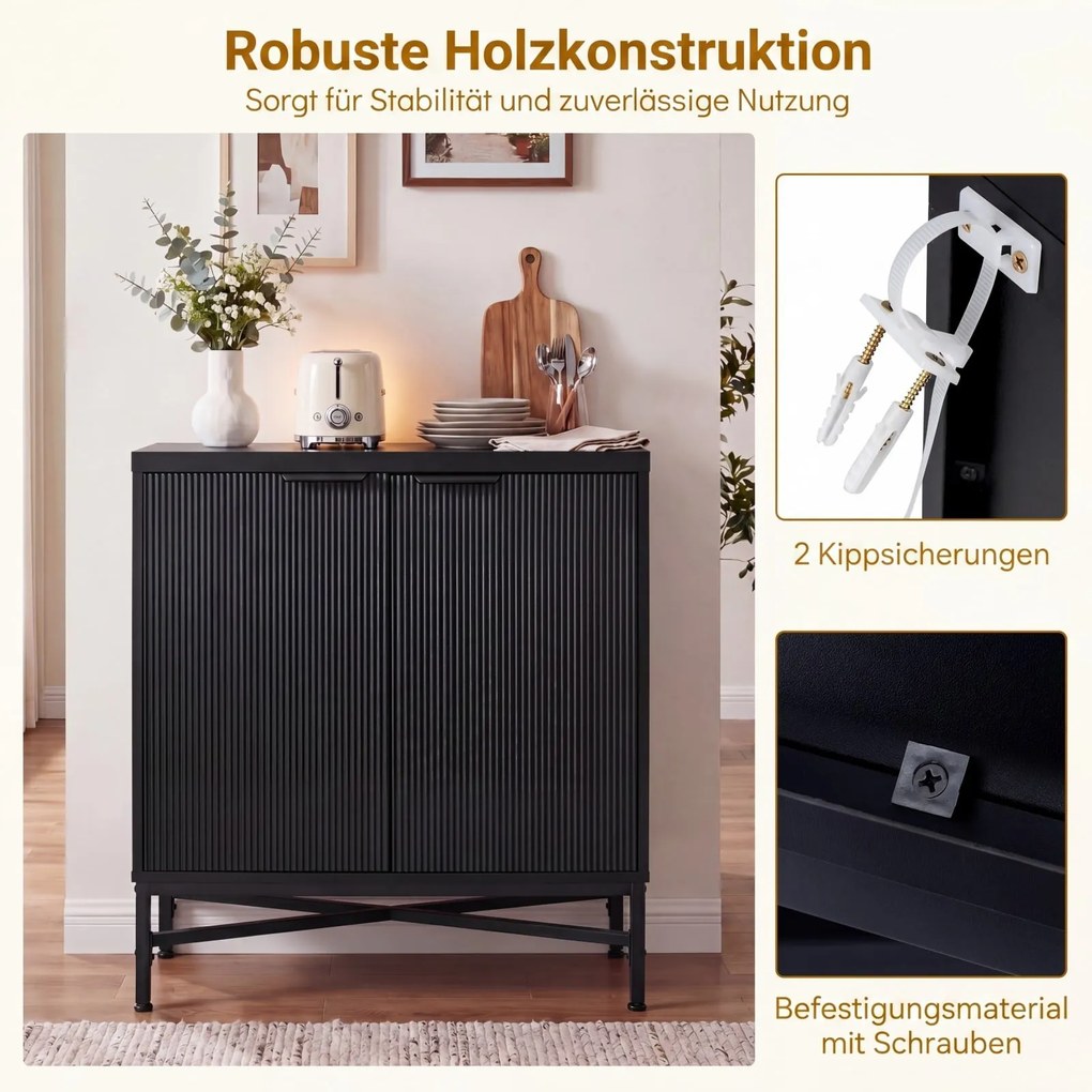 Costway Dřevěná úložná skříň s drážkovanými dvířky a robustním černým kovovým