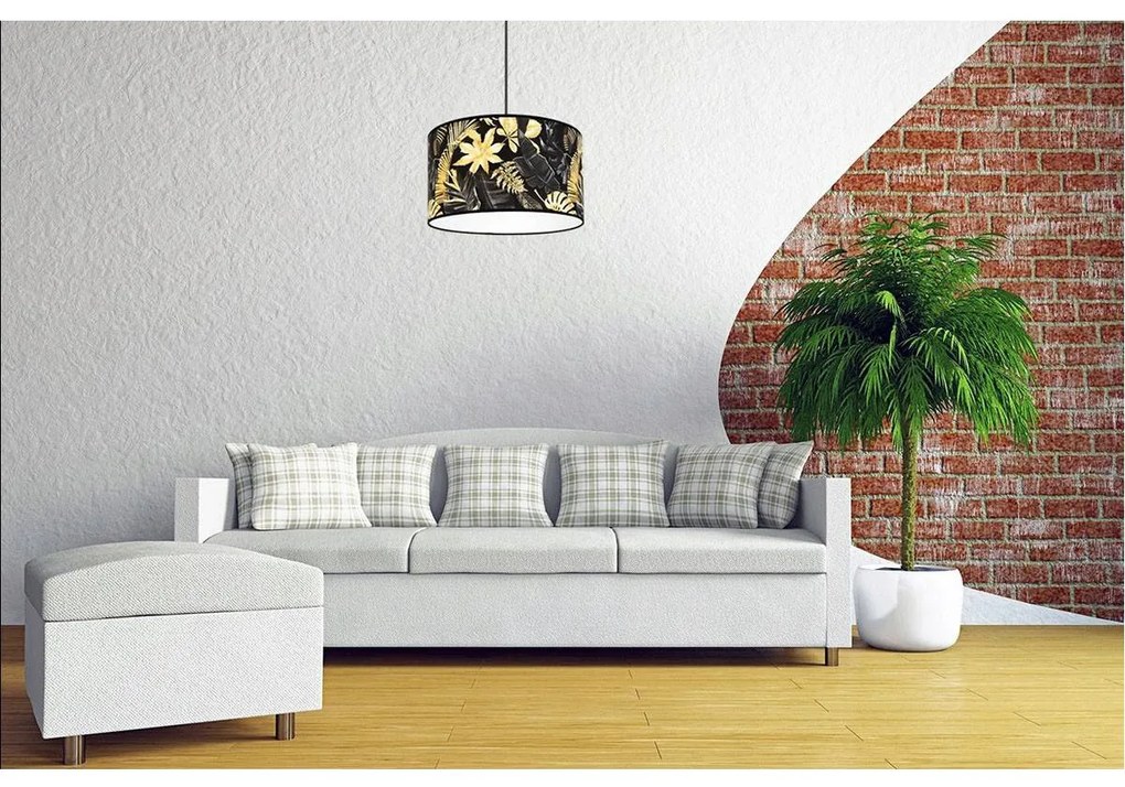 Závěsné svítidlo Gold Flowers, 1x černé textilní stínítko s květinovým vzorem, (fi 35cm)