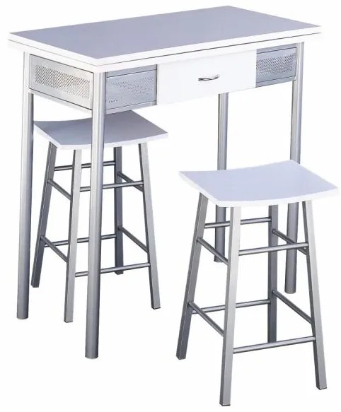 Barový set, stůl + 2 židle, bílá / stříbrná, HOMER