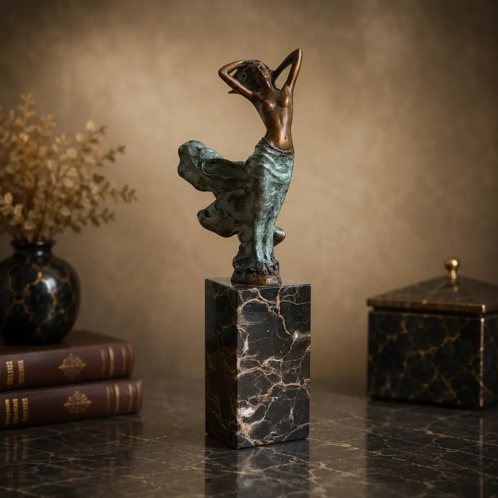 Dáma s vlajícími šaty – Art Deco bronzová socha, elegantní dekorace