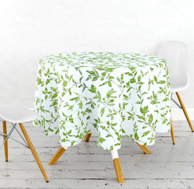 Ervi bavlněný ubrus na stůl kulatý - Zelené listy
