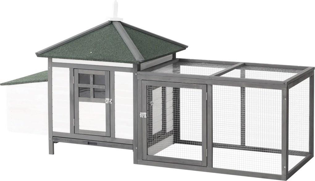 PawHut Kurník pro Bantamky 196 x 76 x 97 cm s hnízdící krabicí, výběhem a bidýlkem, dřevěný domek pro malé zvířata, šedý | Aosom
