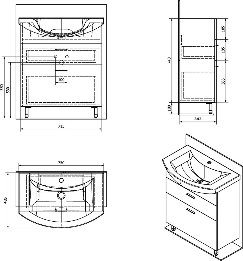 Aqualine Zoja 51071A umyvadlová skříňka 71,5 x 74 x 34 cm bílá
