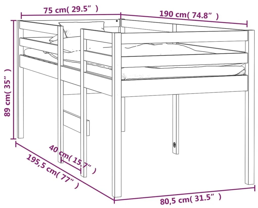 Patrová postel bílá 75 x 190 cm masivní borové dřevo - Default Title