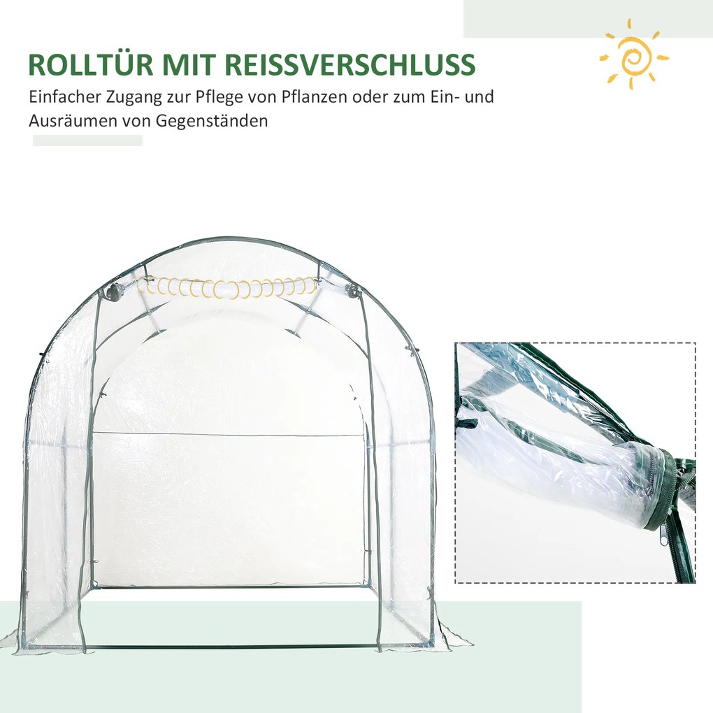 Outsunny Zahradní Tunelový Skleník, Balkonový Skleník pro Rostliny a Zeleninu s PVC Krytem, Rolovacími Dveřmi a Ocelovým Rámem, 2x2,5x2m