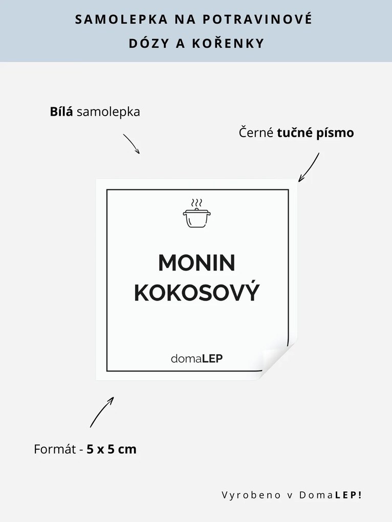 Samolepka na láhev MONIN KOKOSOVÝ 5 x 5 cm – bílá vinylová, voděodolná, omyvatelná samolepka na dózy, tučné písmo