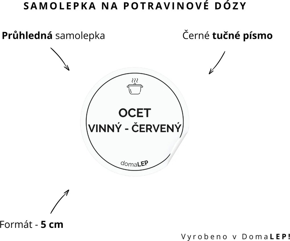 OCET VINNÝ ČERVENÝ - omyvatelná samolepka na dózu, výběr rozměrů Ø 5 cm / 5 x 5 cm / 6 x 8 cm | DomaLEP tvar: ČTVEREC, barva: PRŮHLEDNÁ - ČERNÉ písmo, velikost: š. 5 cm x v. 5 cm - tučné písmo