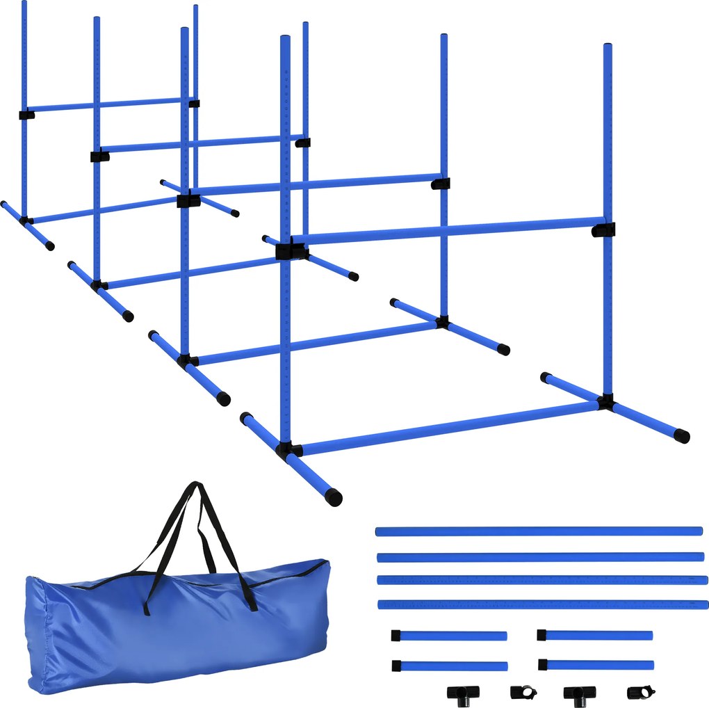 PawHut agility set pro psy 4-dílný 99x65x94 cm výškově nastavitelný se 2 překážkovými tyčemi 2 slalomovými tyčemi a 4 plastovými zemními tyčemi Modrá…