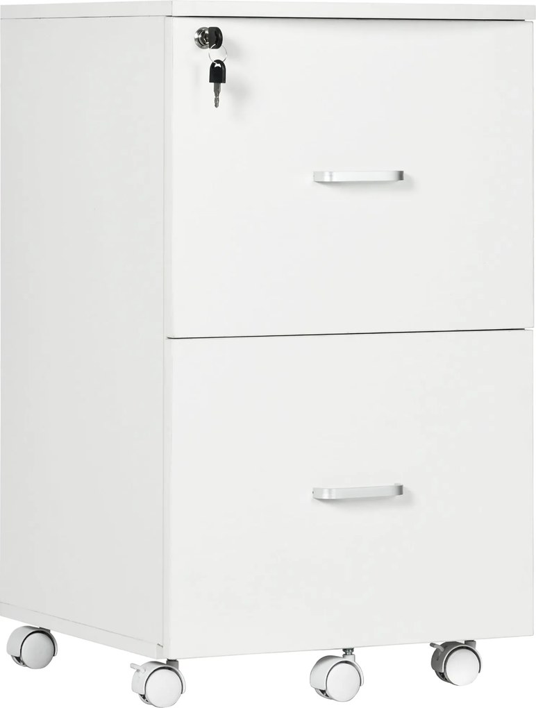 Šuplíkový kontejner na kolečkách Vinsetto - kancelářský nábytek s 2 zamykatelnými šuplíky z MDF a dřevotřísky, rozměry 43L x 45W x 72H cm, Bílý